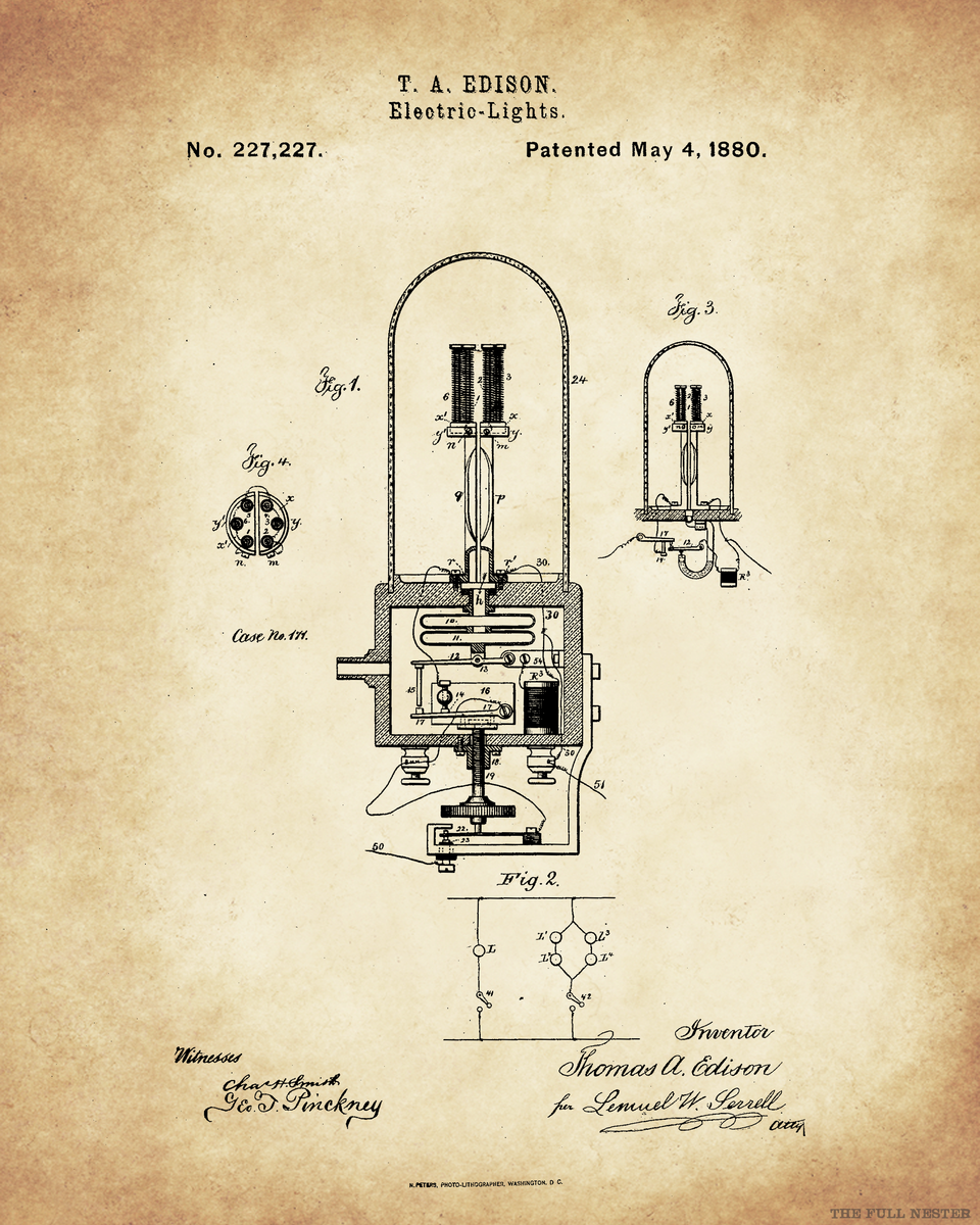 1880 Edison Electric Light Patent Drawing – The Full Nester Printables