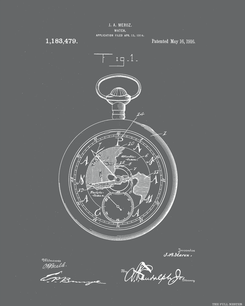 1916 Pocket Watch Patent Drawing – The Full Nester Printables