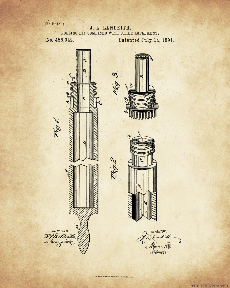 1891 Rolling Pin Patent Drawing – The Full Nester Printables